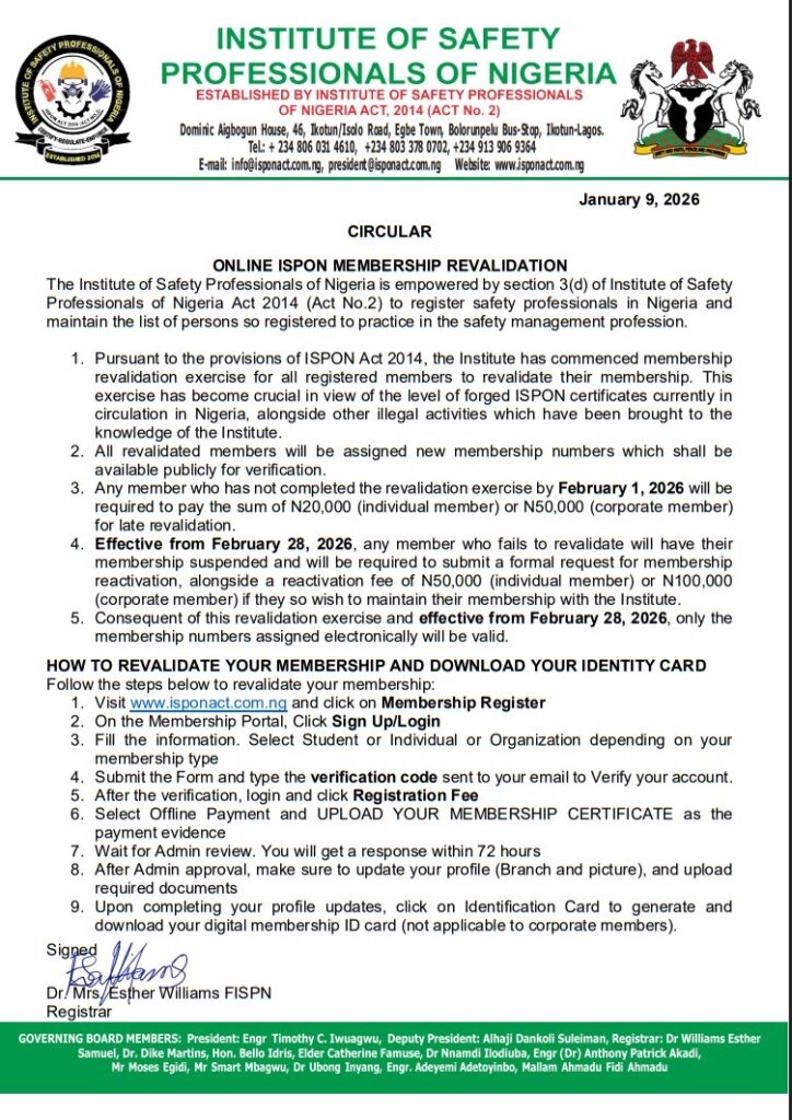 ISPON CIRCULAR JAN-2026 – Institute of Safety Professionals of Nigeria